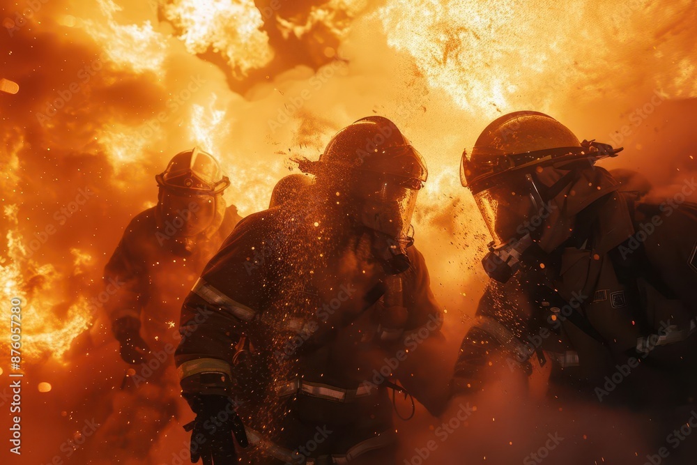 heroic firefighters battling raging inferno orange flames illuminate ...