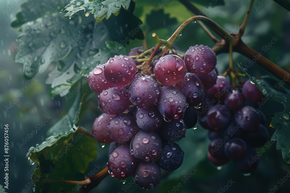 hyperrealistic grape cluster with dewdrops each grape a tiny terrarium with miniature ecosystems ...