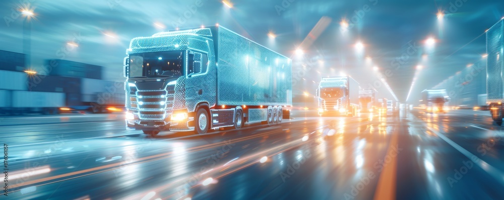 Smart logistics hub, trucks with glowing sensor points, AI-powered ...