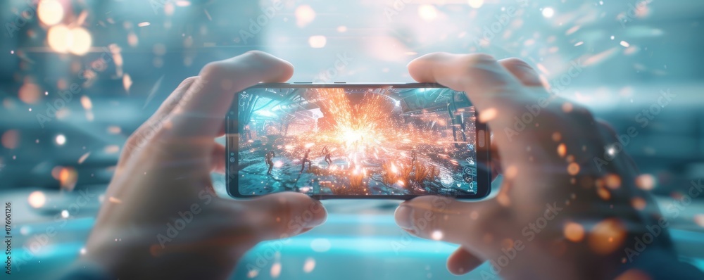 Immersive mobile gaming concept, adventurers emerging from device ...