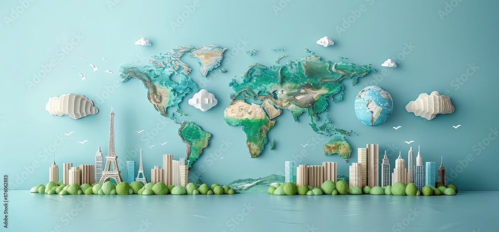 paper design of a simple world map, city skylines Stock Illustration ...