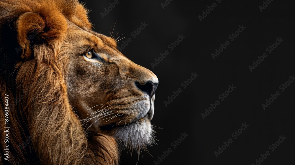 World Lion Day. Portrait of a lion on a black background. Horizontal ...