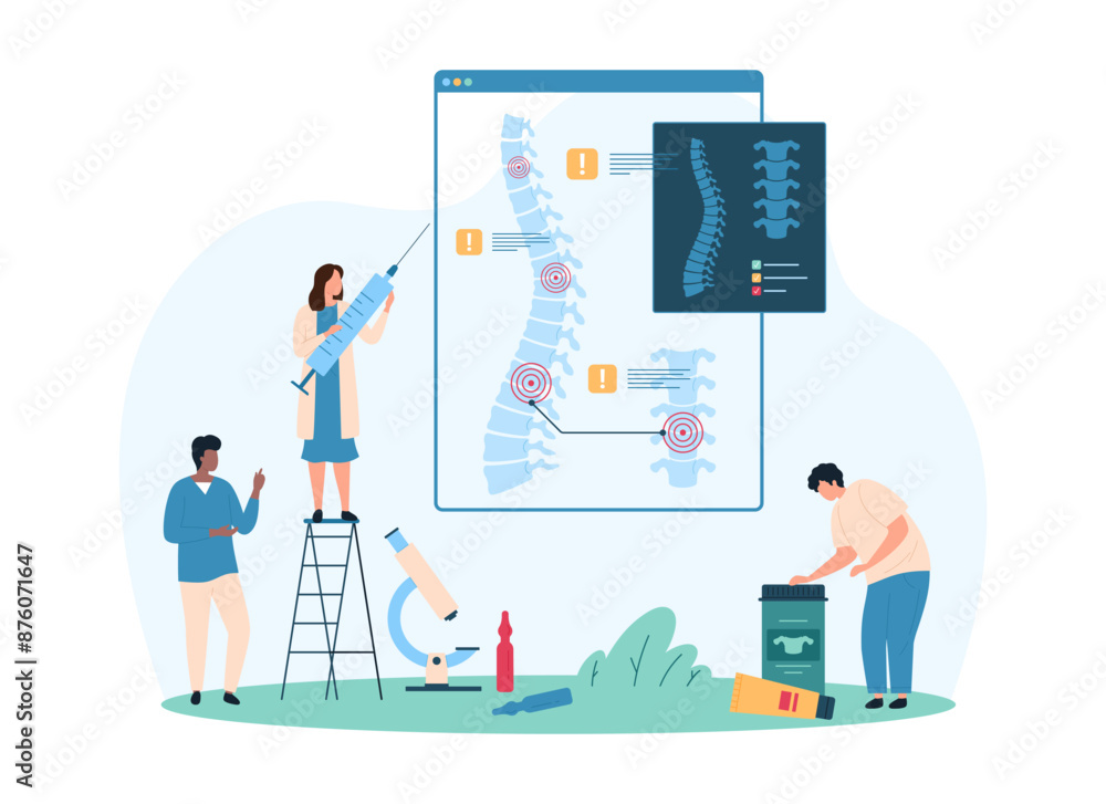 Diagnosis and treatment of spinal column diseases. Tiny people check ...