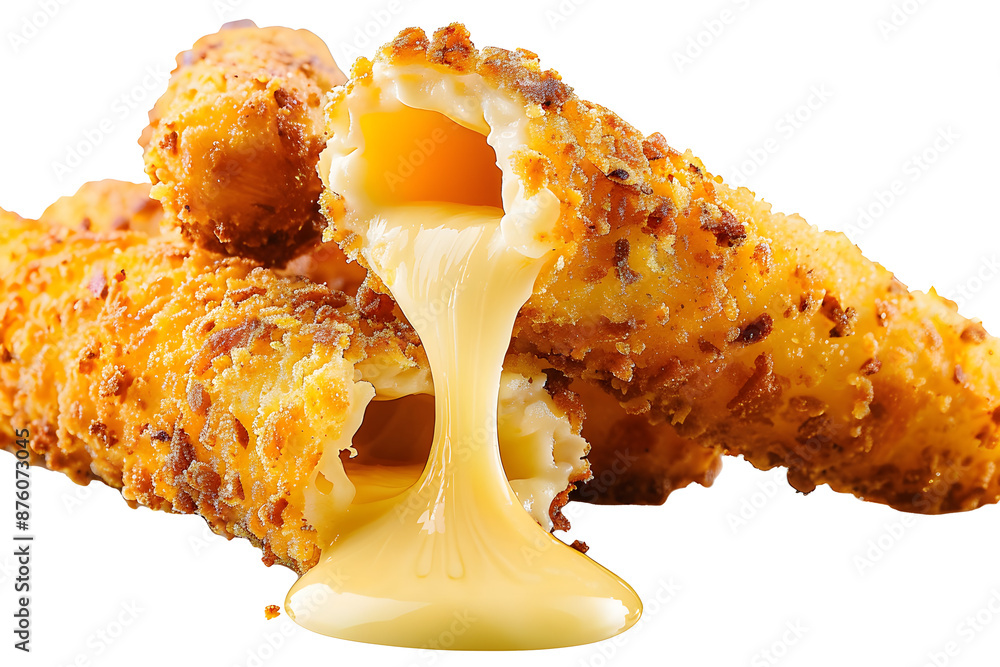 Many Crispy breaded fried cheese sticks, liquid hot cheese dripping out ...