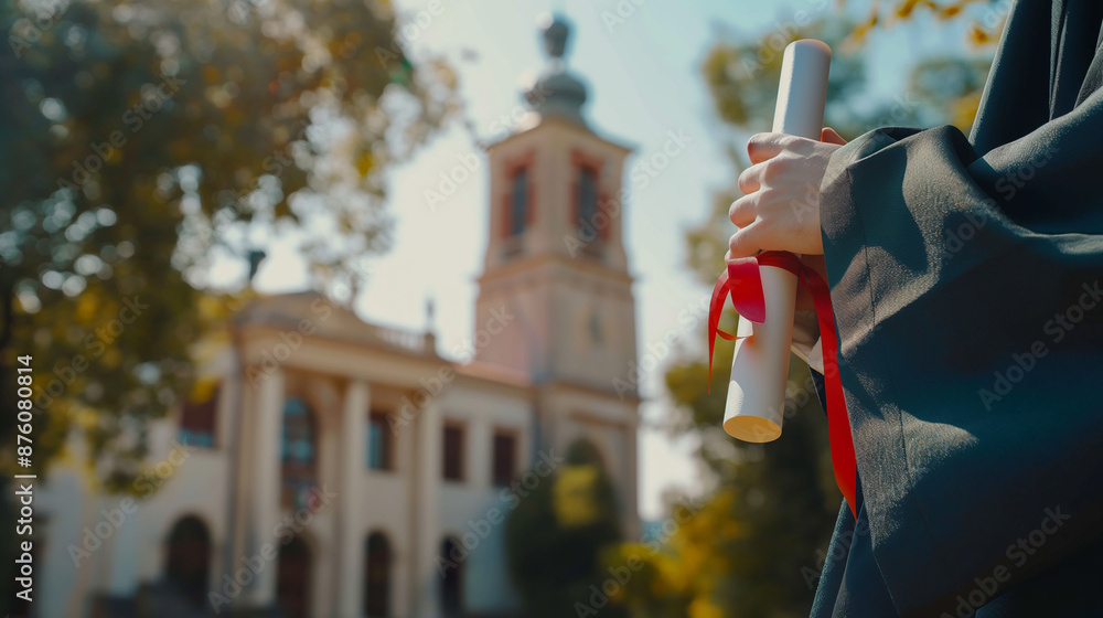 Graduation, close-up of a student holding their diploma, outdoor campus ...
