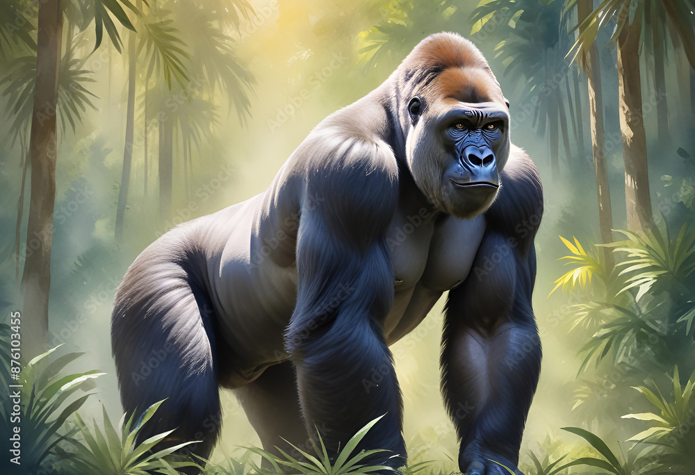 Capture the essence of a majestic silverback gorilla in a sun-dappled ...