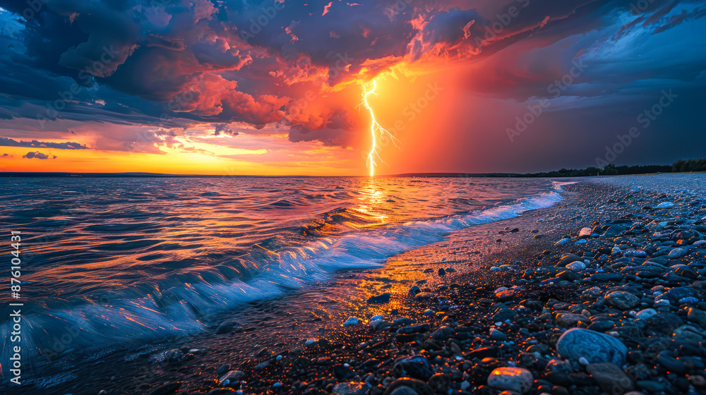 A single lightning bolt strikes the water during a colorful sunset ...
