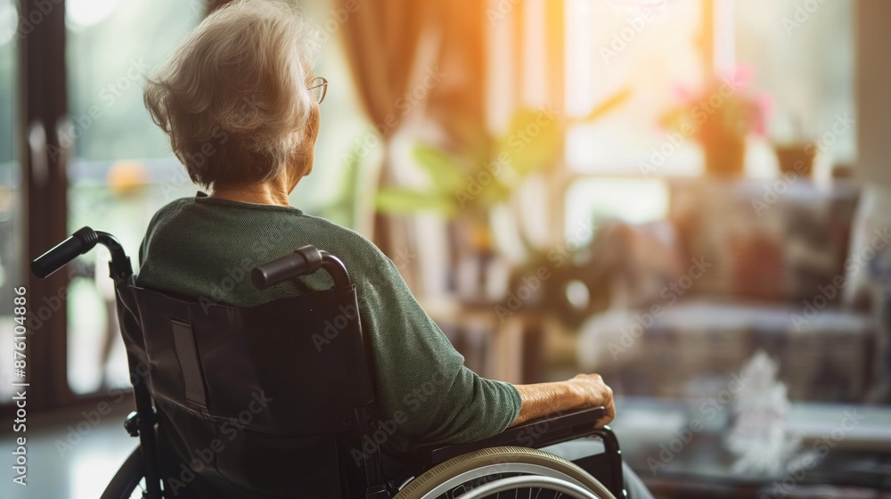 A woman in a wheelchair sits facing a window, gazing out at the bright ...