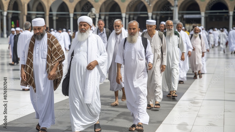 Group of pilgrims in ihram clothing walks towards the Kaaba in Mecca ...