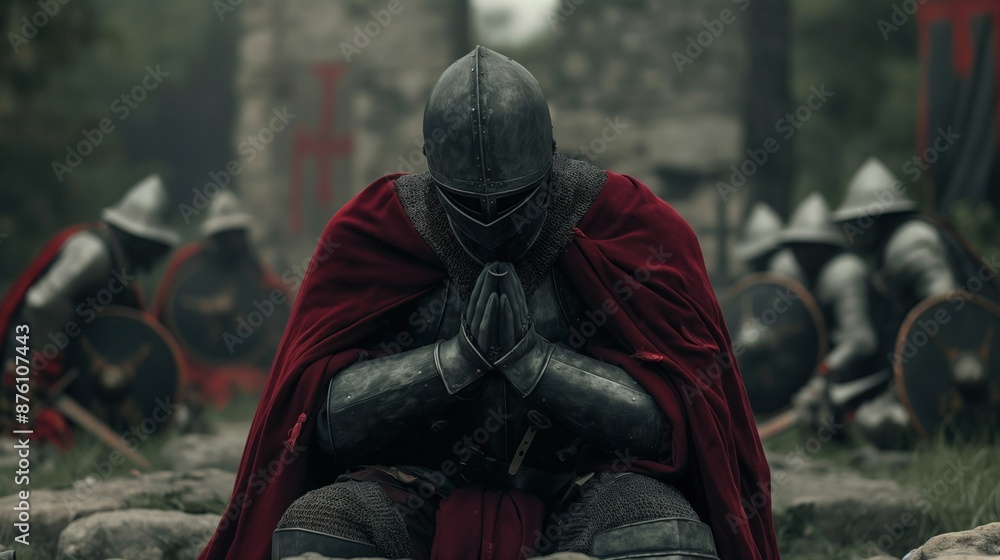 Knight kneeling in prayer before a battle, with a solemn expression ...