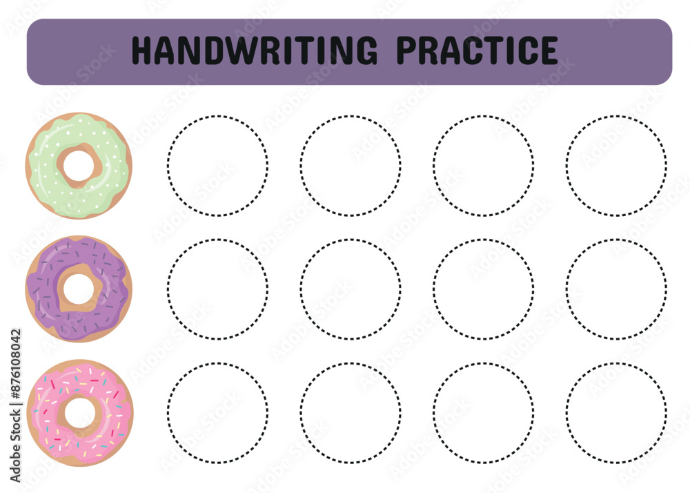 Vetor de Handwriting practice with colored donuts. Tracing worksheet ...