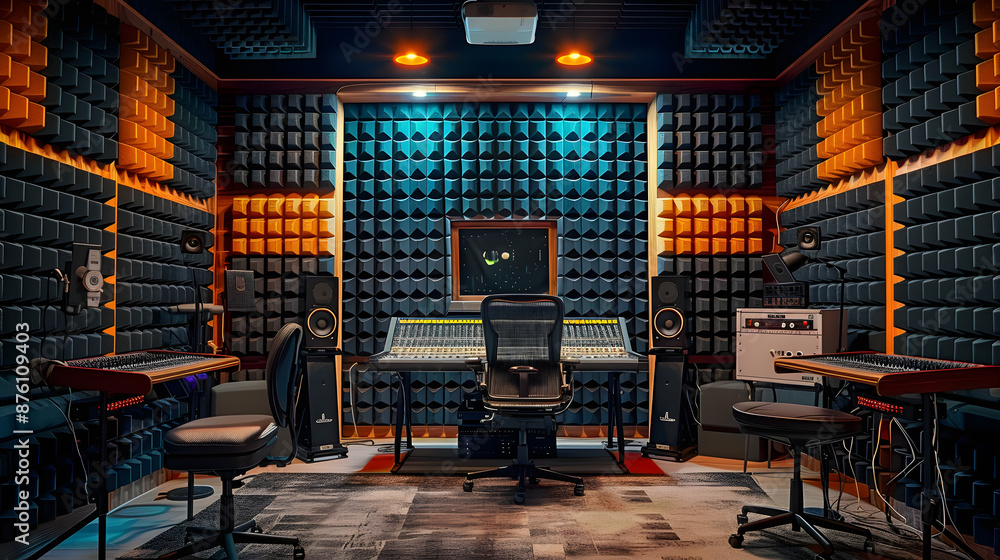 Empty podcast studio with unused recording booths microphones and ...