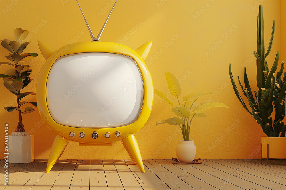 Retro round yellow television mockup blank empty screen midcentury ...