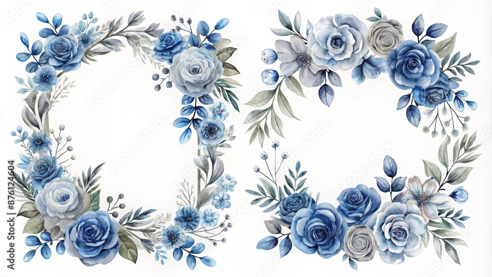 Watercolor Blue Floral Wreath, Wedding Invitation, Frame, Floral ...