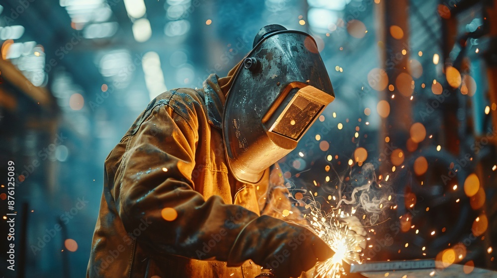 Welder in factory, working with sparks flying, welding metal. Man in ...