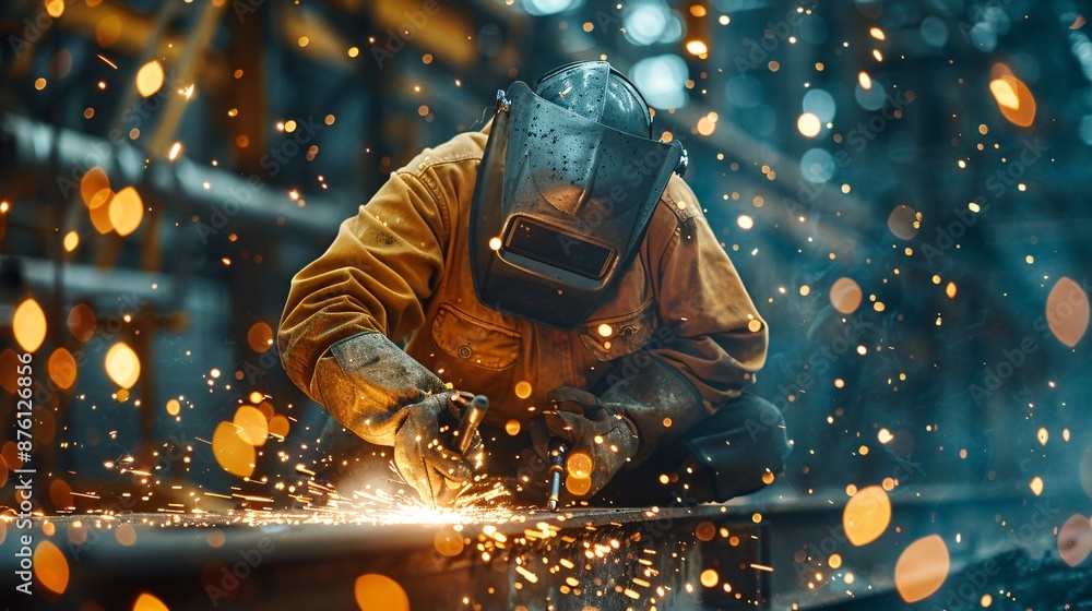 Welder in factory, working with sparks flying, welding metal. Man in ...
