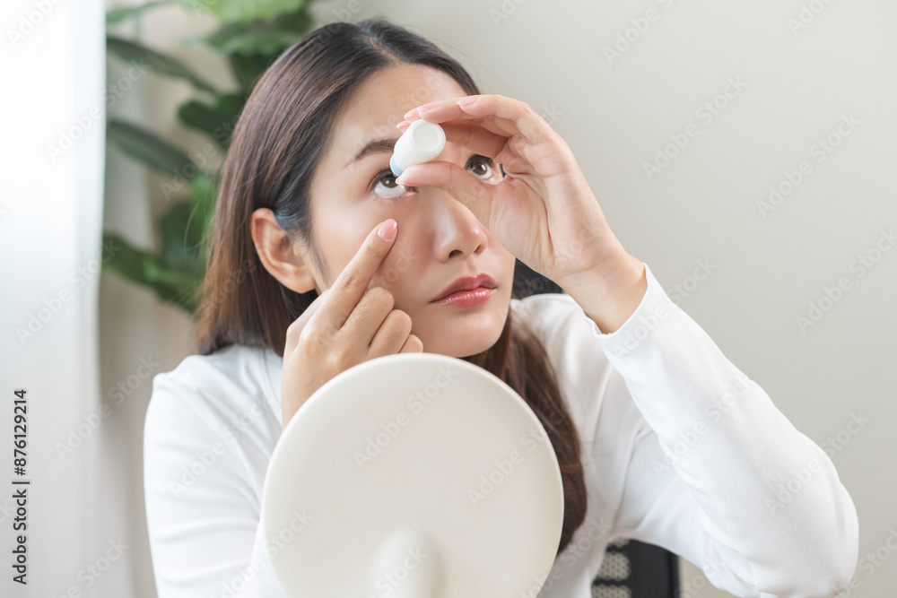 Health care concept, eye problem asian young woman applying, using ...