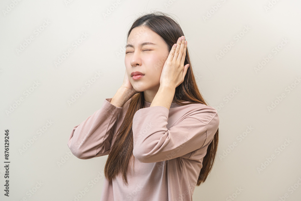 Tinnitus concept, sick asian young woman, girl have ear pain or earache ...