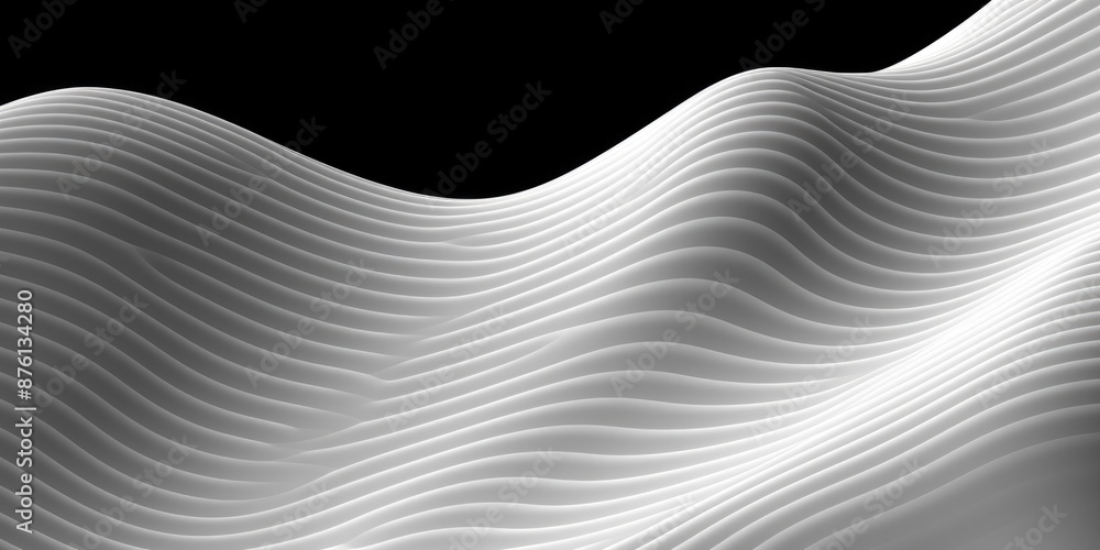 Abstract black and white background featuring a dynamic wave pattern with flowing, curved lines ...