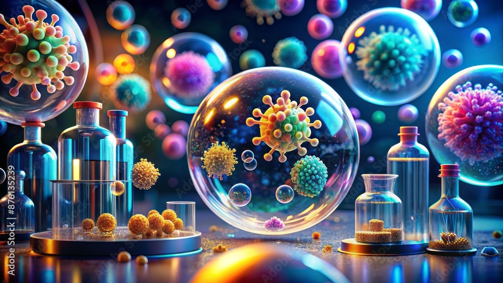 Vibrant microscopic visual of germs, virus, and bacteria molecules ...