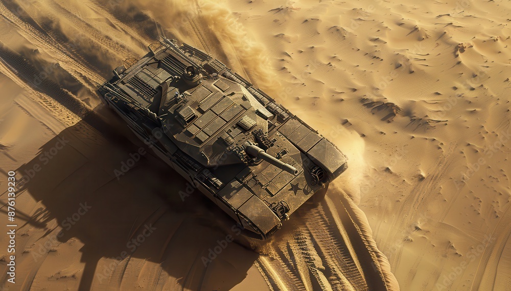 An aerial view of a military tank maneuvering through sandy desert ...