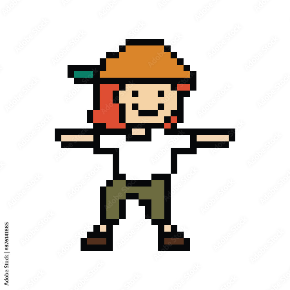 Cute pixel cartoon 8bit character woman exercises training dance ...