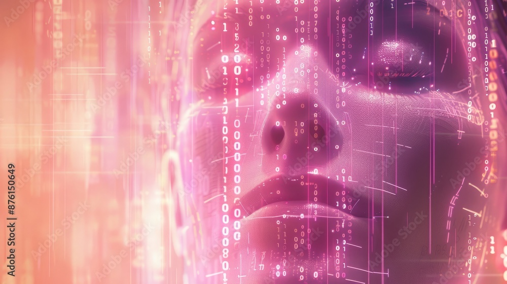 AI-generated female face with a calm demeanor, illuminated by glowing ...