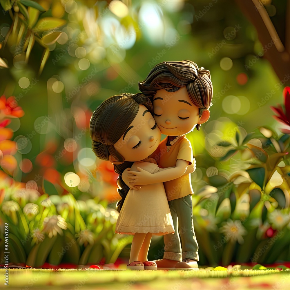 3D character hugging a friend in a park, expressing warmth and ...