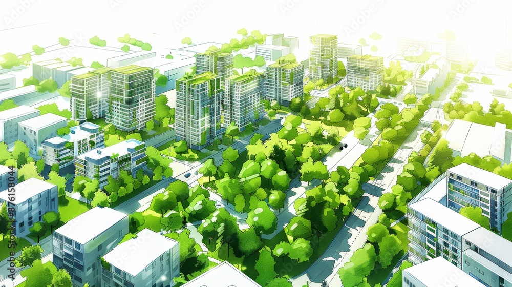 A detailed urban planning sketch showcasing a green, sustainable city ...