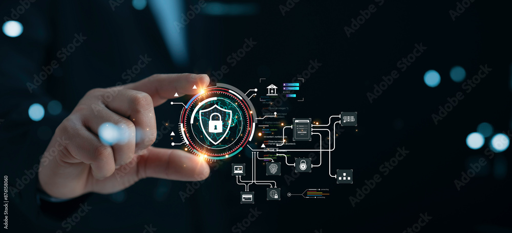 Person touches virtual shield, representing secure access and encrypted connections, with ...