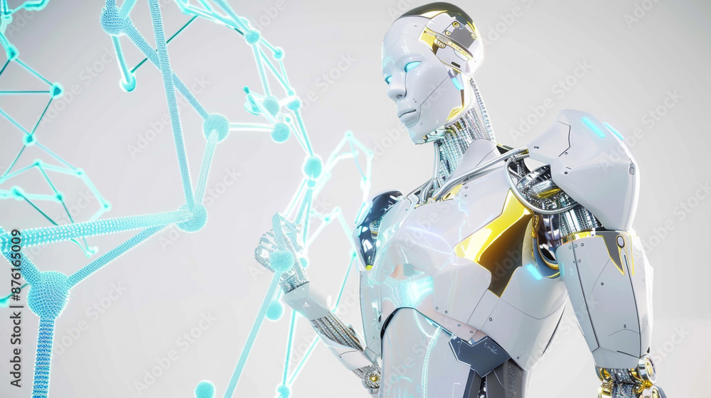 Futuristic AI robot with sleek, semi-realistic metallic silver and gold ...