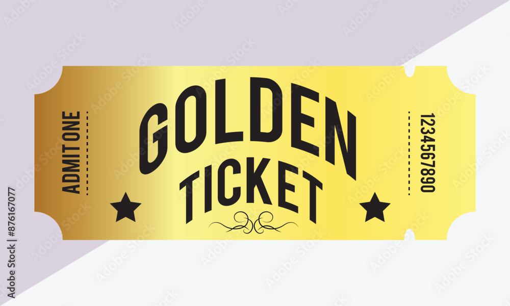 Golden ticket template for entry. Vector cinema ticket mockup (tear-off ...