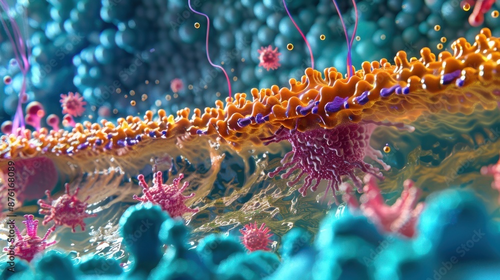 Produce a high-resolution image of cell membranes under a microscope, showcasing their lipid ...