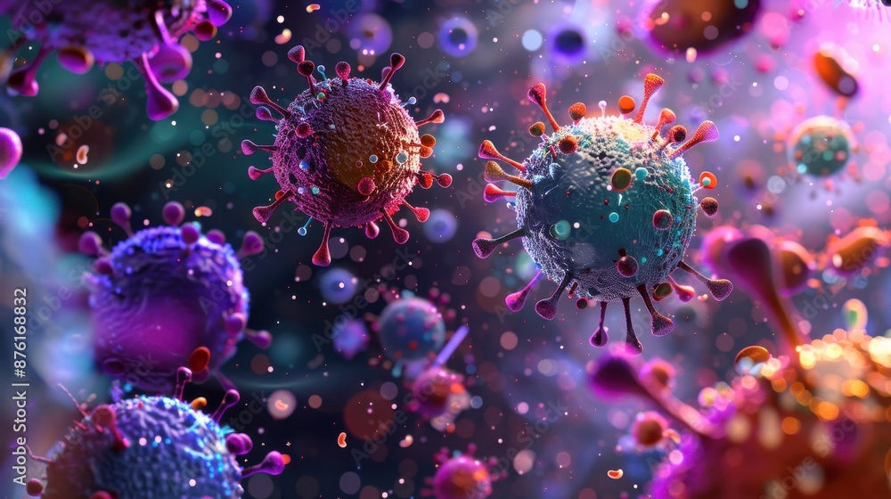 Illustrate viruses interacting with host immune cells, capturing the ...