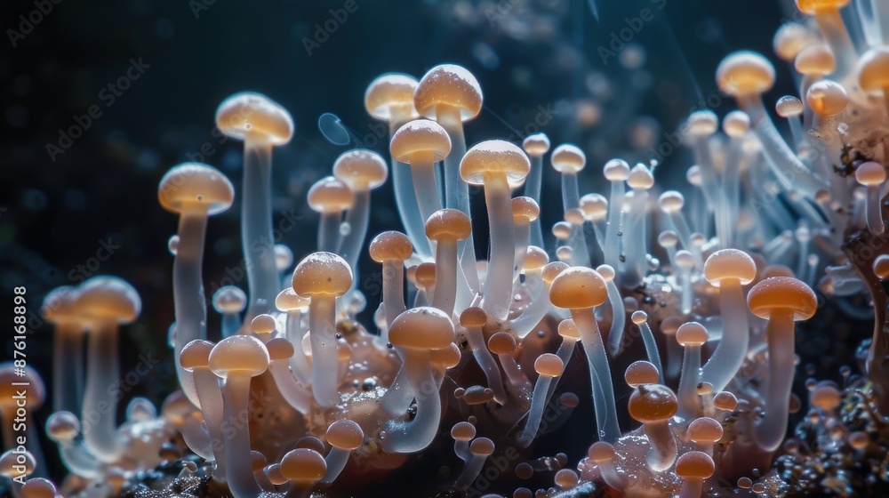 Produce an image of fungi colonizing organic matter, showcasing the ...