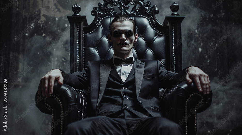 Handsome scary male vampire with fangs, in black suit, sitting in ...