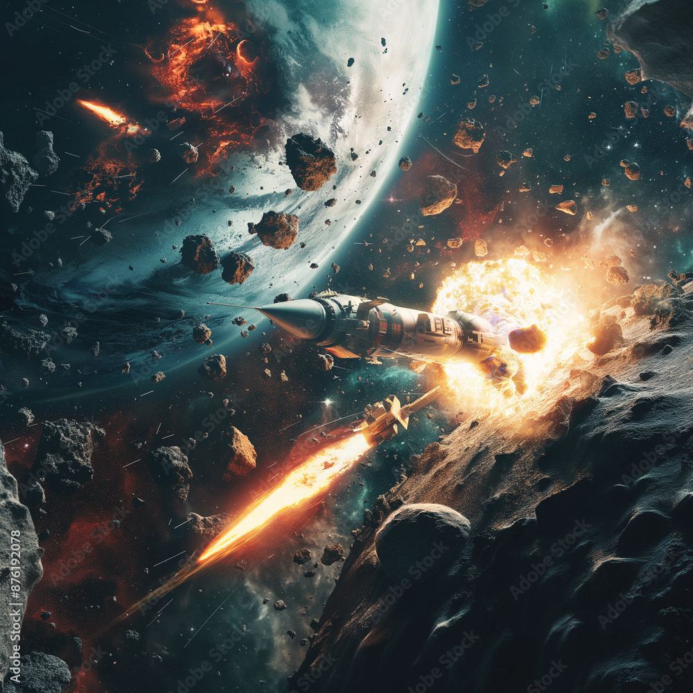 An apocalyptic scene in outer space where a combat rocket approaches a ...