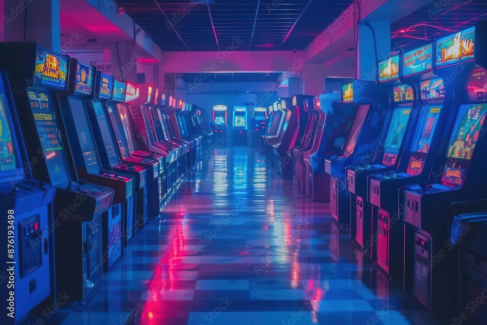 retro arcade wonderland bathed in vibrant neon lights row of classic game cabinets with ...