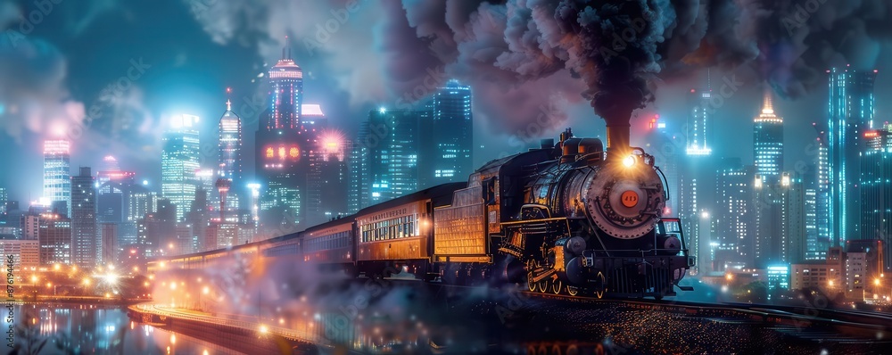 Steam train in an urban setting with skyscrapers close up, focus on ...