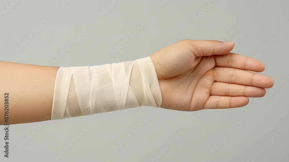 bandaged female wrist with an elastic bandage. Concept: arm injuries ...