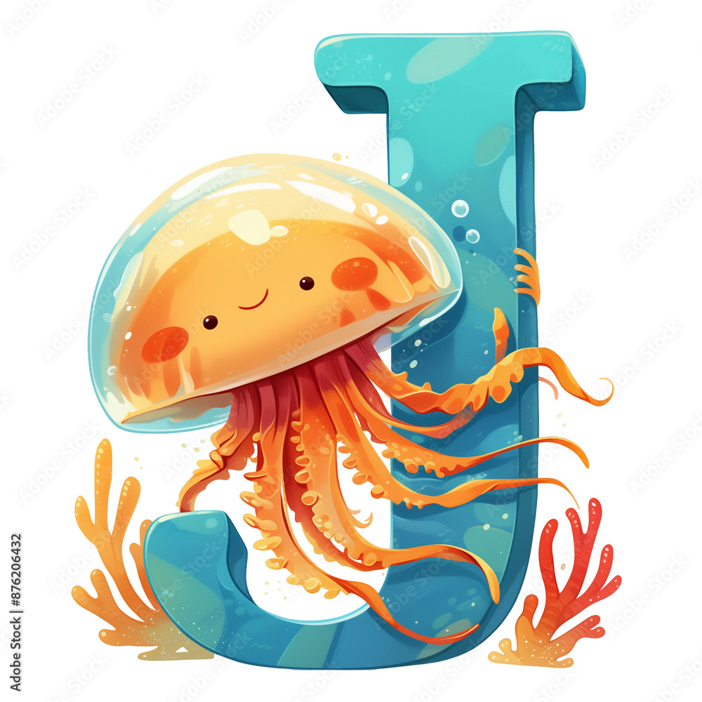 Jellyfish and blue letter J, children's book illustration from the ...