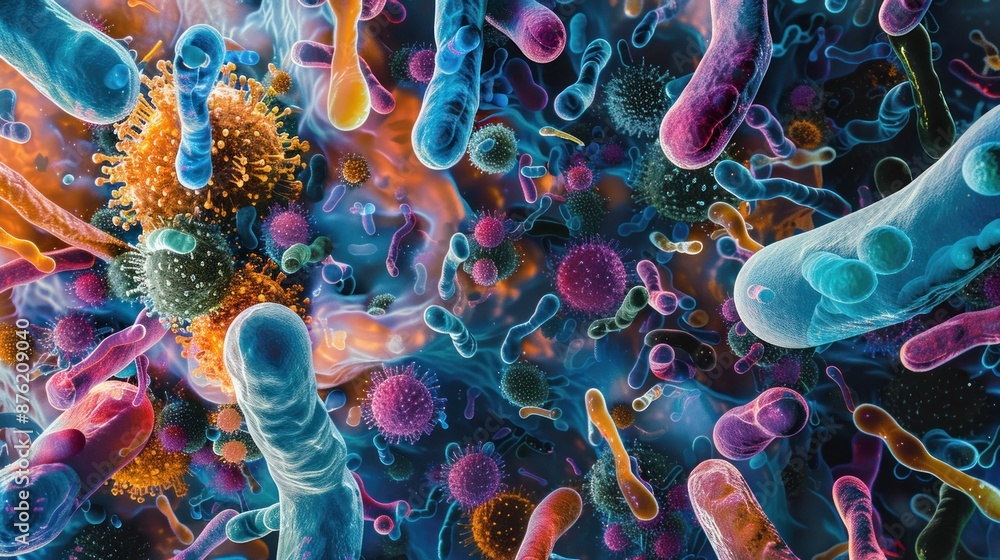 Colorful microscopic view of various bacteria and viruses, highlighting ...