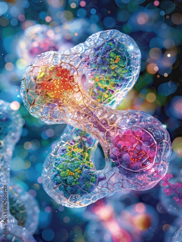 Colorful 3D illustration of dividing cell with vibrant background ...