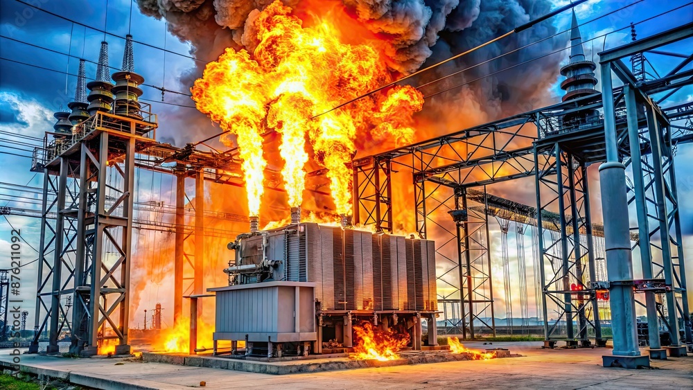 Photo & Art Print Transformer explosion in a power plant with a high ...