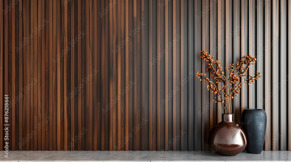 A mahogany dark wood vertical slat wall covering provides a rich and ...