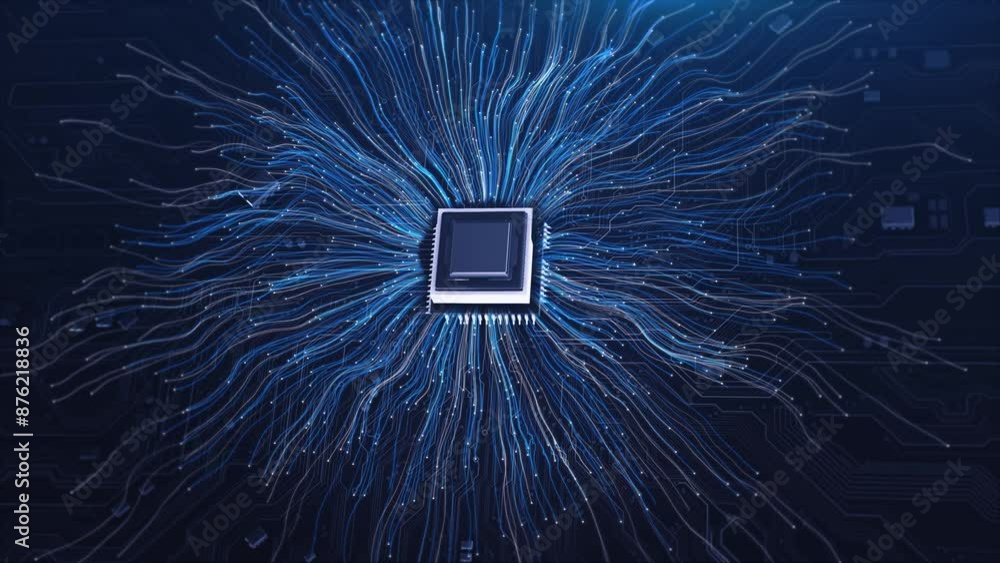 Advanced Computer Processors CPU circuit board Big Data Transmission Connection. AI Analyzes ...