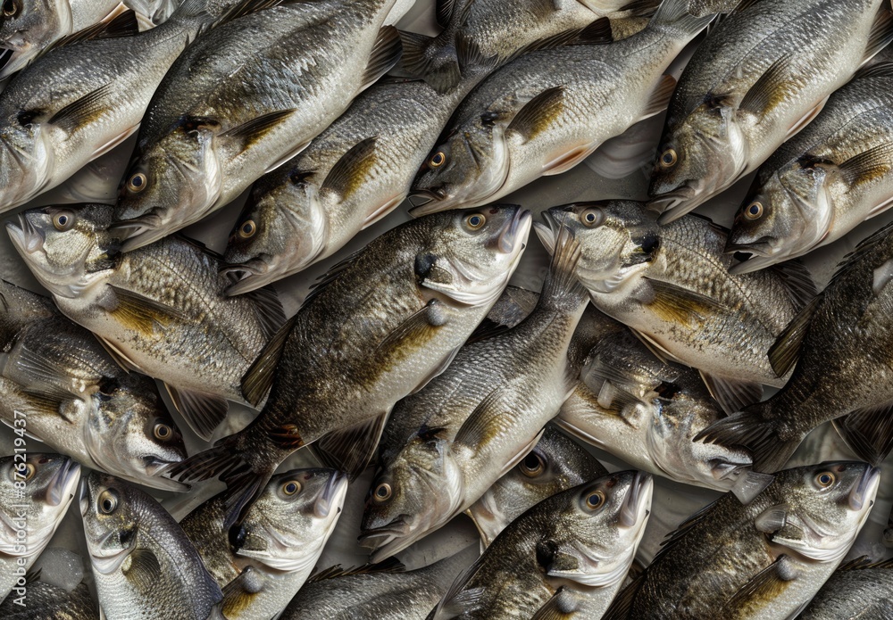 sea bass fish laid out in rows on a market stall Stock Photo | Adobe Stock
