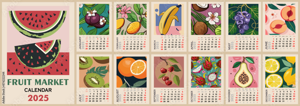 Fruit calendar template for 20254 . Vertical design with fruit Market ...