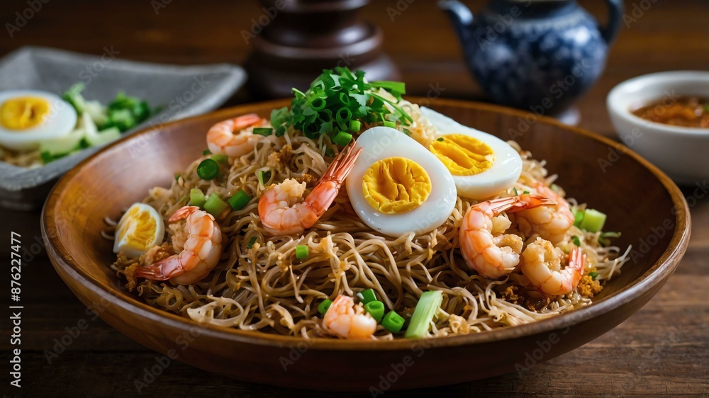 pancit palabok rice noodles topped with shrimp sauce Filipino dish ...