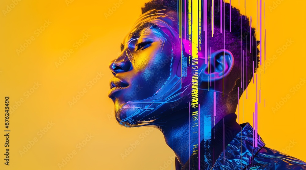 Distorted mans face, glitch art Mixed media collage retro futuristic ...